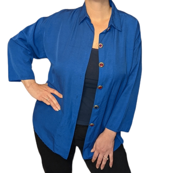 Vintage | Tops | Vintage 7s Blue Jeweled Button Down 34 Sleeves Relaxed ...